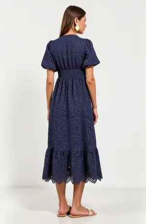 MODENAIRE Puff-sleeve Eyelet Midi Dress