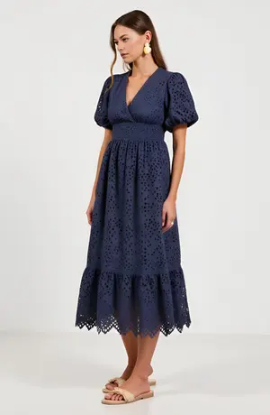 MODENAIRE Puff-sleeve Eyelet Midi Dress