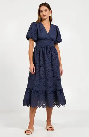 MODENAIRE Puff-sleeve Eyelet Midi Dress