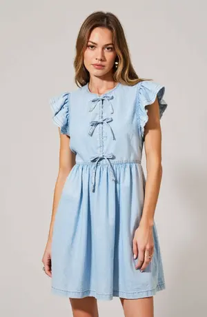 MODENAIRE Sleeveless Denim Mini Dress With Bow-tie Front