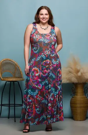 24SEVEN COMFORT APPAREL Paisley Knit Maxi Dress - Brown Multi