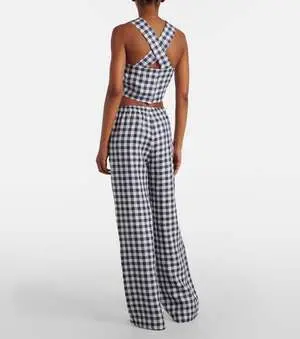 Asceno Aurelia Gingham Linen Wide-leg Pants - Blue