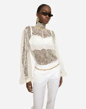 Dolce & Gabbana Floral Lace Turtle-neck Blouse With Dg Logo
