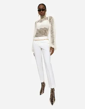 Dolce & Gabbana Floral Lace Turtle-neck Blouse With Dg Logo