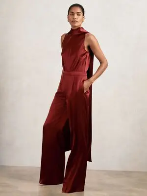 REISS Satin Cape-sash Jumpsuit - Dark Red