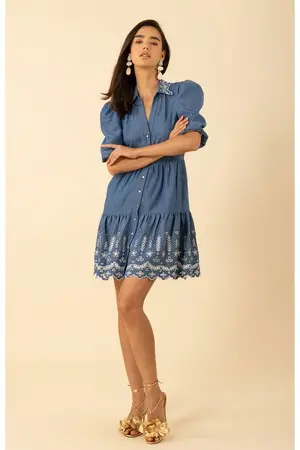 Hale Bob Rayna Embroidered Chambray Dress - Blue