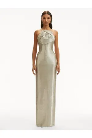 Oscar De La Renta Rosette Bugle Bead Column Gown - Red
