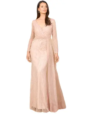 LARA NEW YORK Long Sleeve V-neck Gown With Drape - Blush