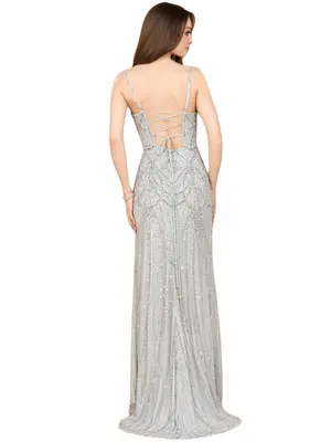 LARA NEW YORK Beaded Lace-up Mermaid Gown - Silver