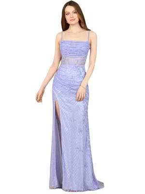LARA NEW YORK Beaded Corset Gown With Slit - Blue Iris