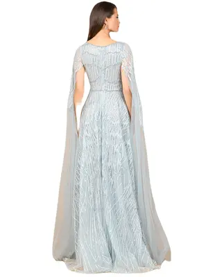 LARA NEW YORK Embellished V-neck Gown With Cape Sleeves - Blue