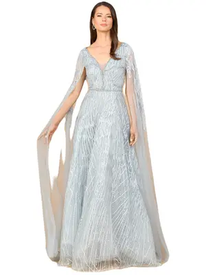 LARA NEW YORK Embellished V-neck Gown With Cape Sleeves - Blue