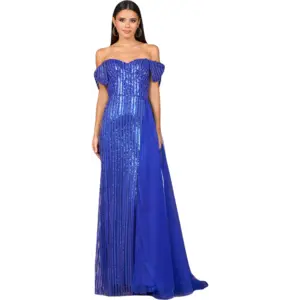 LARA NEW YORK Off-the-shoulder Beaded Fitted Gown - Blue