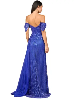 LARA NEW YORK Off-the-shoulder Beaded Fitted Gown - Blue