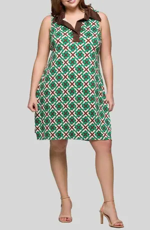 24SEVEN COMFORT APPAREL Johnny Collar Sleeveless Shift Dress - Green Multi