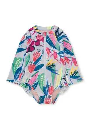 TEA COLLECTION Tropical Print Rash Guard Baby Swimsuit - Tropical Floral Burst