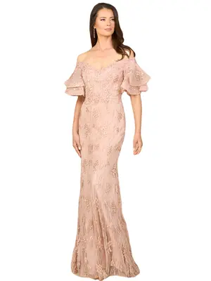 LARA NEW YORK Off-shoulder Beaded Mermaid Gown - Champagne
