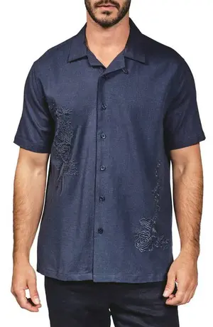 7 Diamonds Marco Floral Embroidered Camp Shirt - Blue