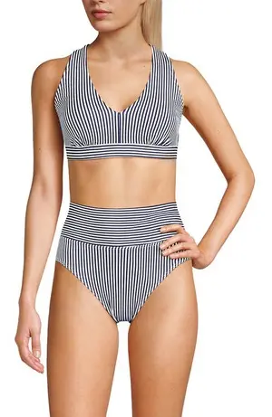 LANDS' END Chlorine Resistant V-neck Midkini Two-piece Swimsuit - Deep Sea Navy Mini Stripe
