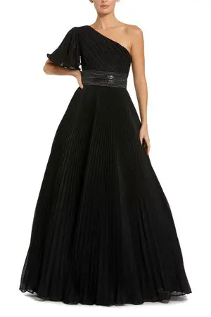 Mac Duggal Pleated Shimmering Georgette One Shoulder Gown