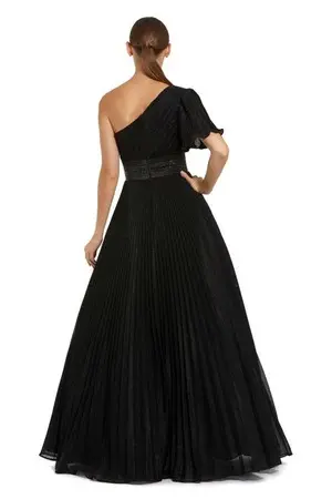 Mac Duggal Pleated Shimmering Georgette One Shoulder Gown