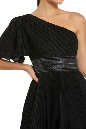 Mac Duggal Pleated Shimmering Georgette One Shoulder Gown