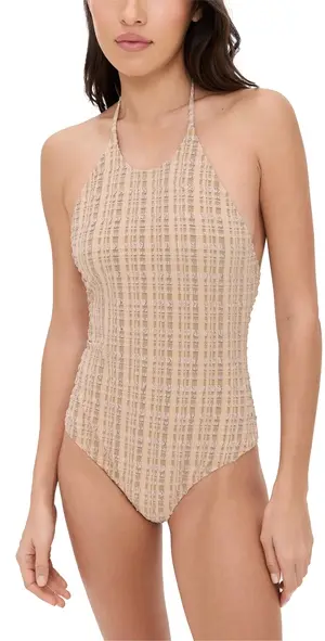 Lisa Marie Fernandez Halter Neck One Piece - Sand Striped Seersucker