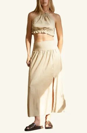 CRESCENT Linen Blend Halter Top & Maxi Skirt Set - Beige