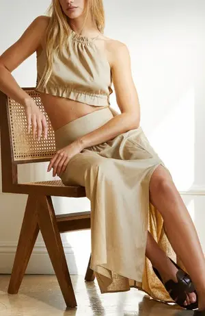 CRESCENT Linen Blend Halter Top & Maxi Skirt Set - Beige