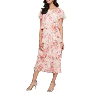 SL FASHIONS Tiered Floral Midi Dress - Peach Multi
