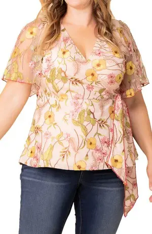 KIYONNA Rosalie Floral Embroidered Wrap Top - Dawn Garden