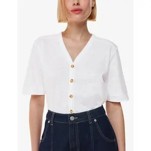 Whistles Ella V-neck Button-through T-shirt - White