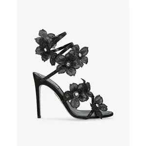 Rene Caovilla Floral Cleo 105 Satin Heeled Sandals - Black