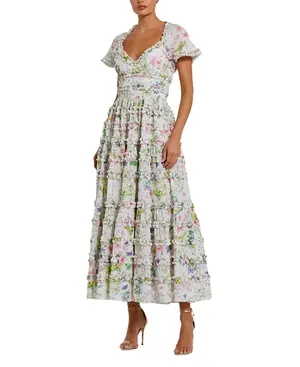 Mac Duggal Cap Sleeve V-neck Floral Cotton Dress - White Multi