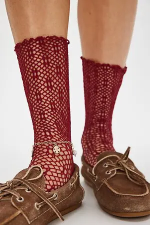 Free People Poppy Crochet Crew Socks Red Dhalia