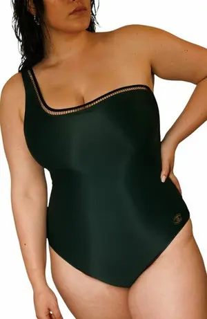BILIBLOND One-shoulder Reversible One-piece Swimsuit - Dark Green To Wine