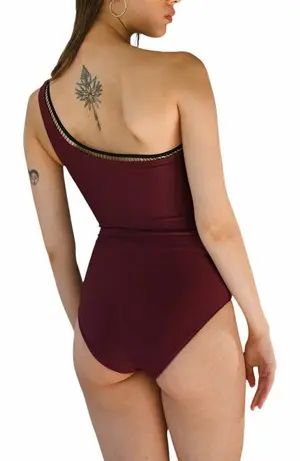 BILIBLOND One-shoulder Reversible One-piece Swimsuit - Dark Green To Wine
