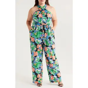 TAHARI ASL Print Tie Waist Jumpsuit - Black Multi