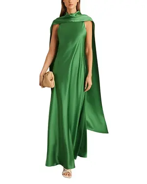 Emerald Green Satin Cape Maxi Dress