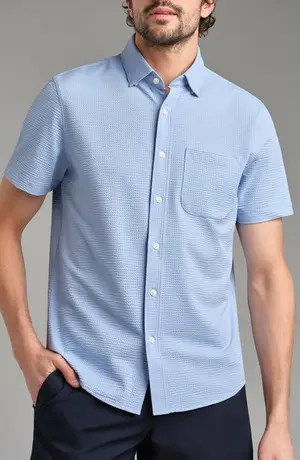 RHONE Commuter Seersucker Short Sleeve Button-up Shirt - Light Blue