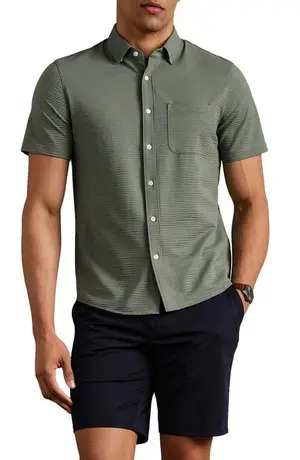 RHONE Commuter Seersucker Short Sleeve Button-up Shirt - Olive Shadow