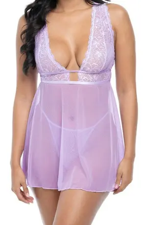 OH LA LA CHERI Stassi Lace & Mesh Babydoll Chemise & G-string Set - Lavendula