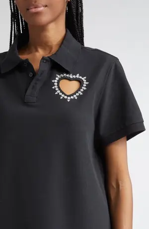 AREA Crystal Trim Heart Cutout Piqué Polo Dress