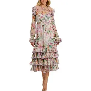 Mac Duggal Long Sleeve Ruffle Detail Floral Shift Dress - Lilac Multi