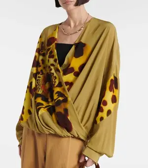 Dries Van Noten Printed Draped Satin Blouse - Green