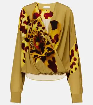 Dries Van Noten Printed Draped Satin Blouse - Green