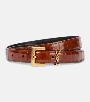 Saint Laurent Cassandre Croc-effect Leather Belt - Brown