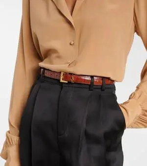 Saint Laurent Cassandre Croc-effect Leather Belt - Brown