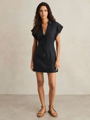 REISS Gwen Linen Mini Dress - Navy