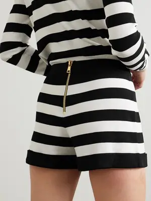 Balmain Faux Pearl-embellished Striped Knitted Shorts